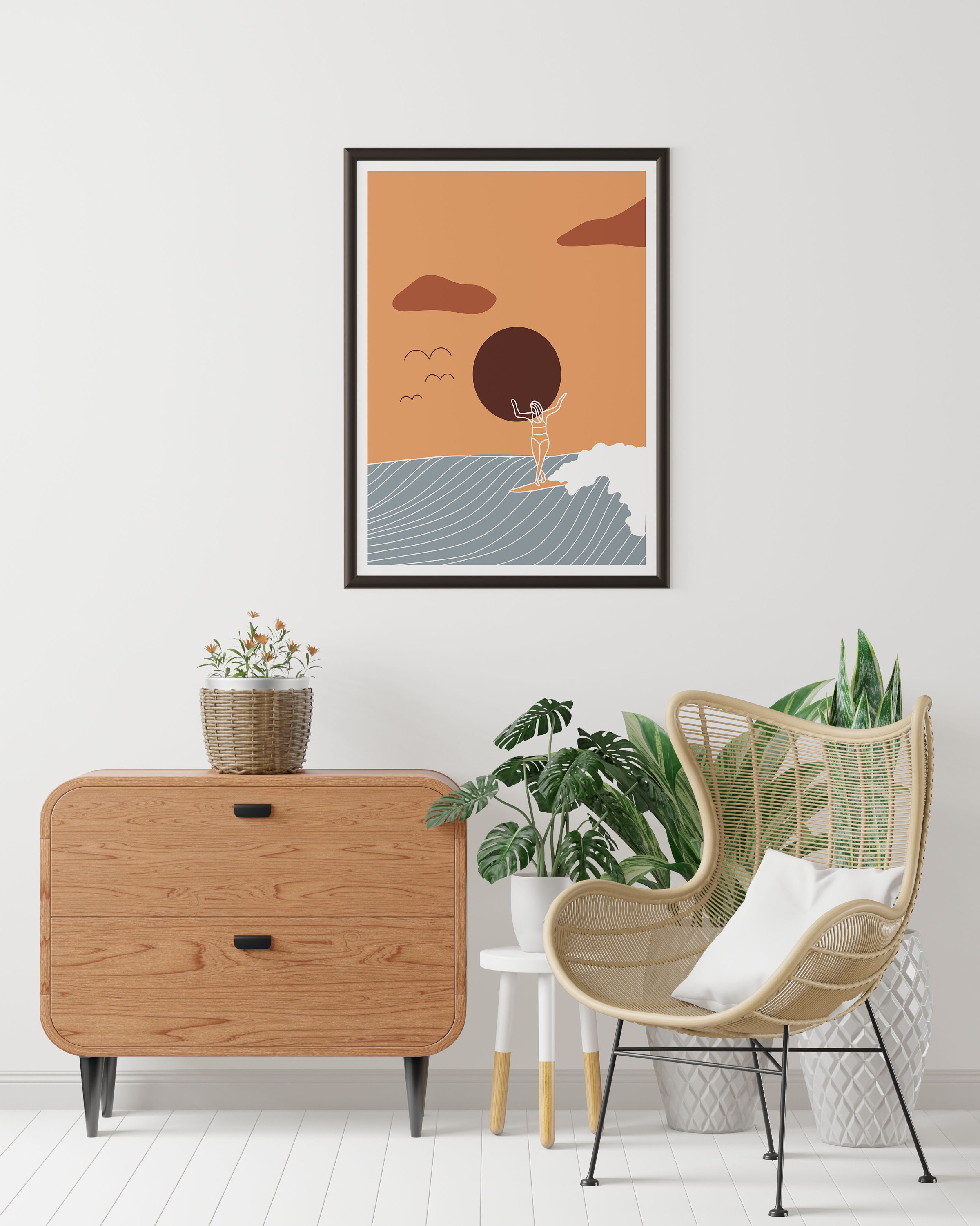Surf Line Drawing, Modern Line Drawing, Surf Decor, Surf Poster, Girl ...