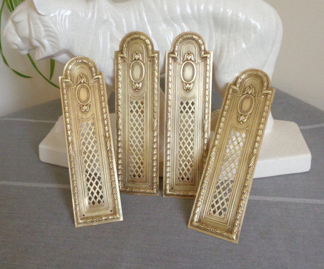 FOUR Antique French Door Push Plates. Brass Finger Plaques With ...