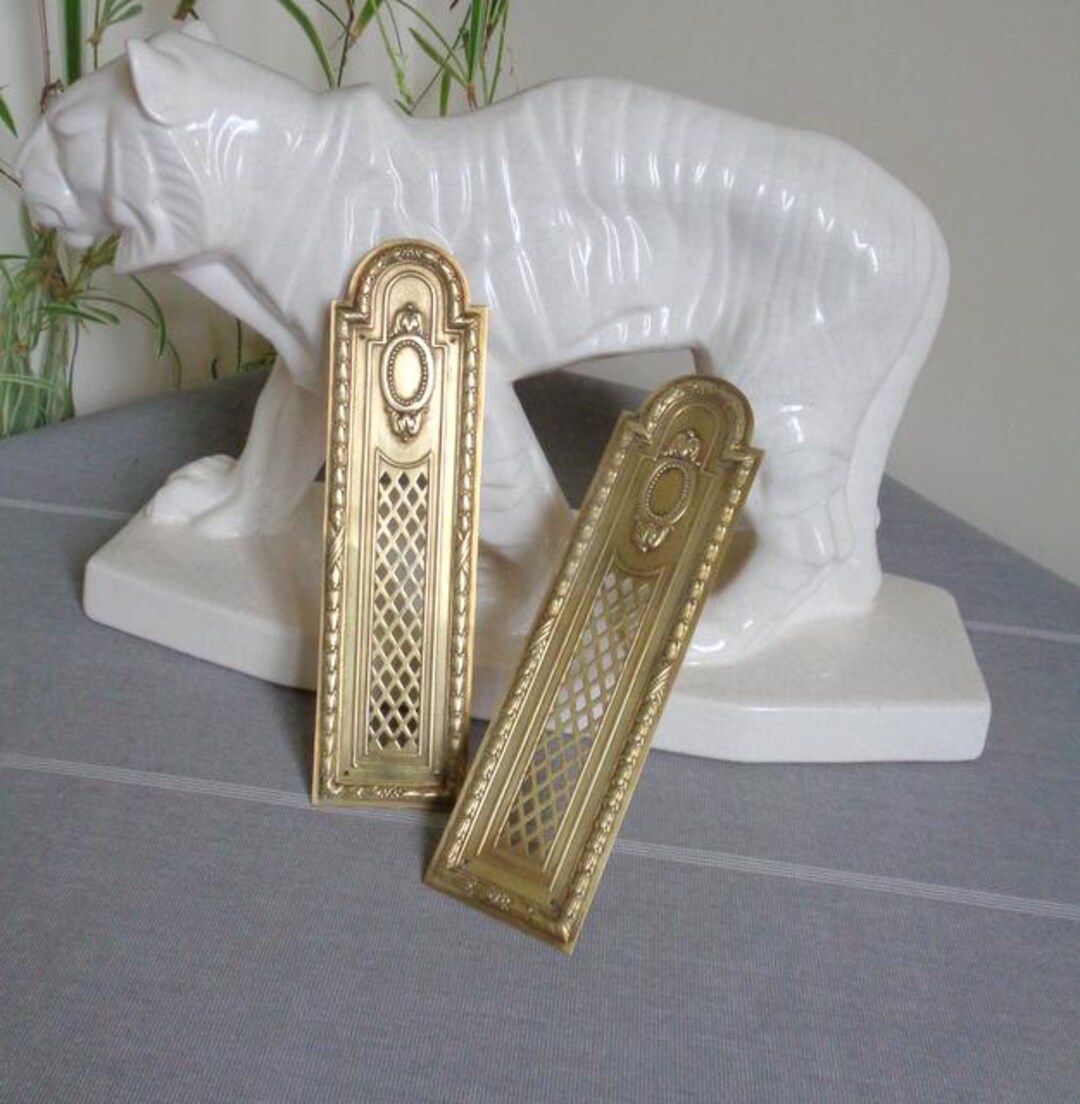 TWO Antique French Door Push Plates. Brass Finger Plaques With ...