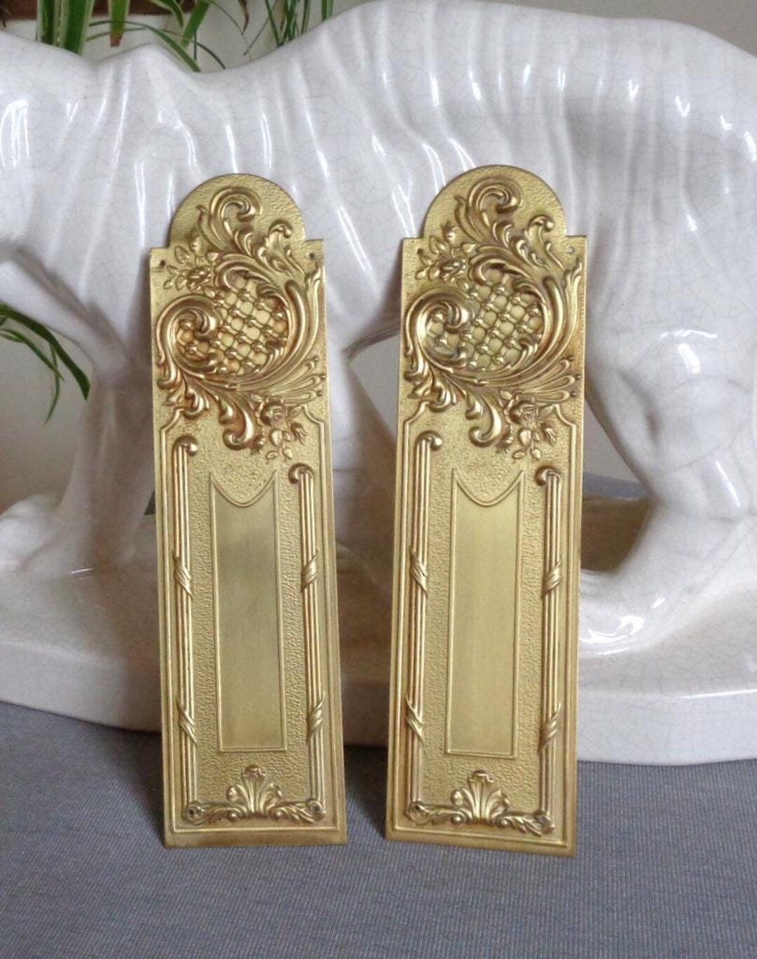 Pair Antique French Brass Door Push Plates. Beautiful Art Nouveau Door ...