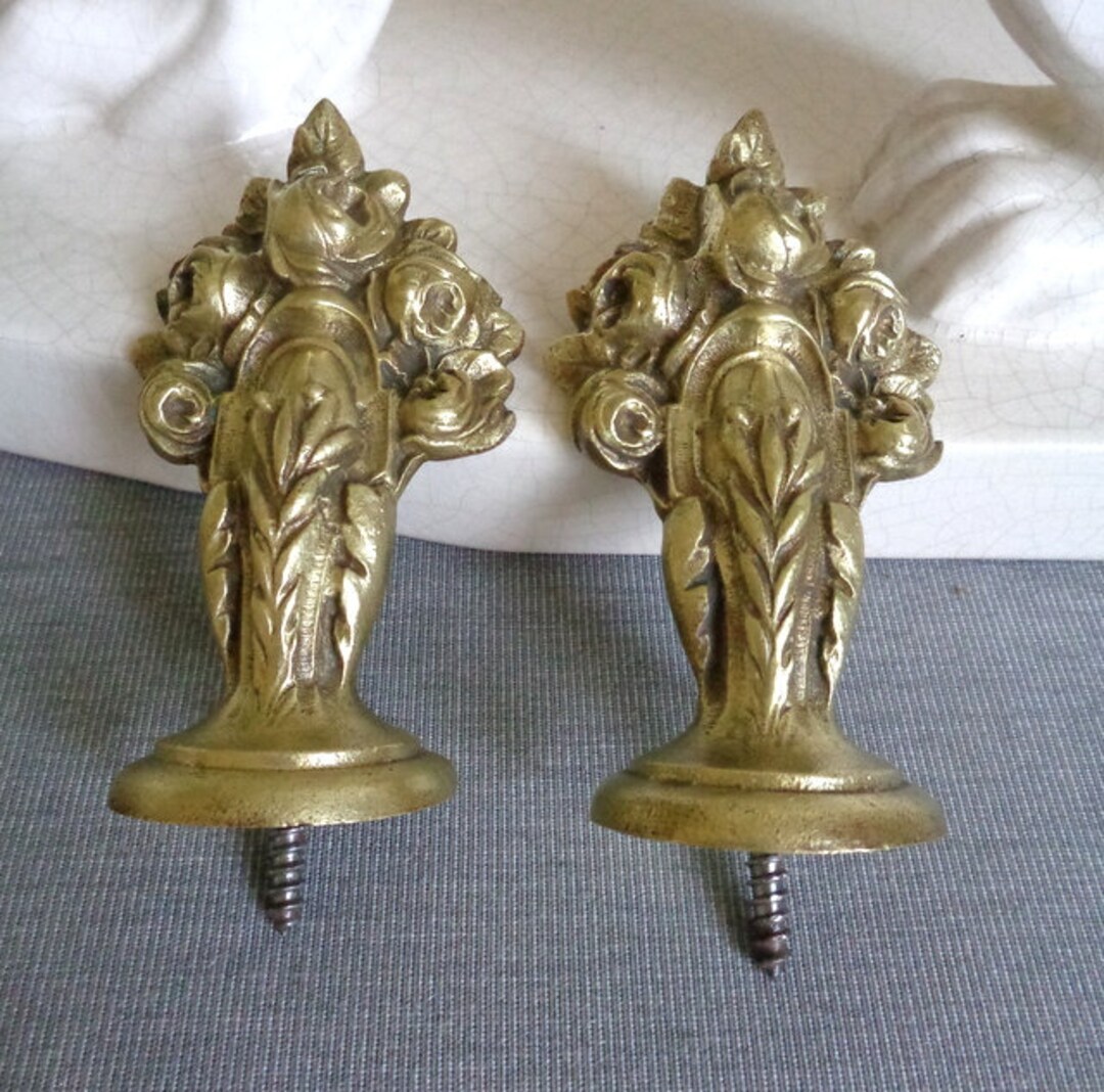 Antique French Brass Curtain Pole End Finials. Substantial Pair Gilded ...