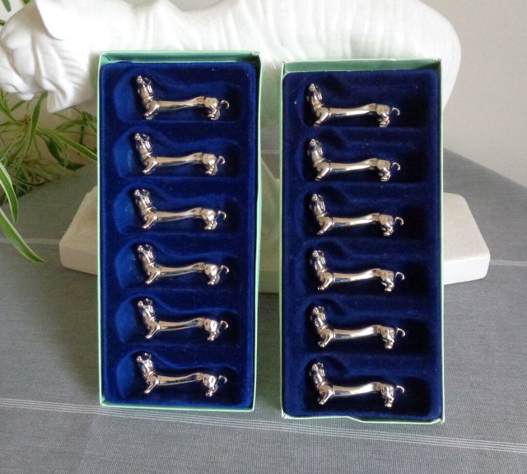 TWELVE Vintage French Knife Rests. Silver Plated Dachshund Dogs Porte ...