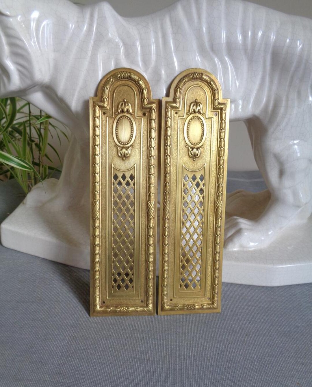 TWO Antique French Door Push Plates. Brass Finger Plaques With ...