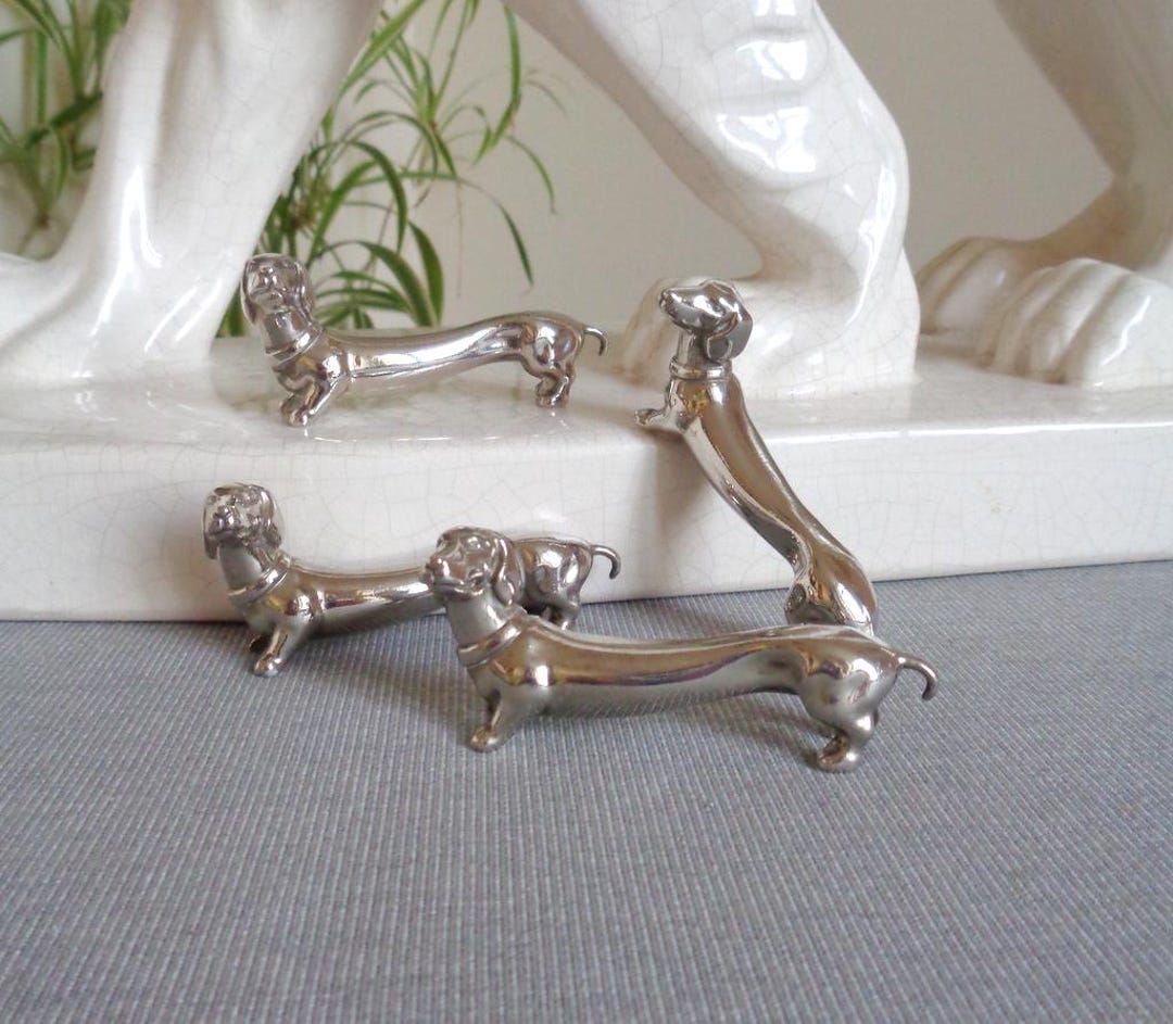 FOUR Vintage French Knife Rests. Silver Plated Dachshund Dogs Porte ...