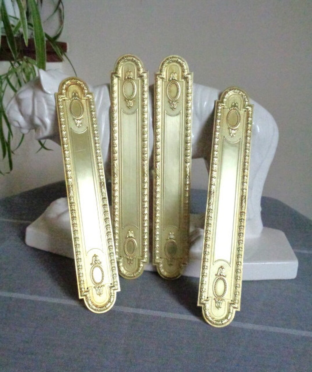FOUR Antique French Brass Door Push Plates. Long & Slim 12 X 2 Art ...