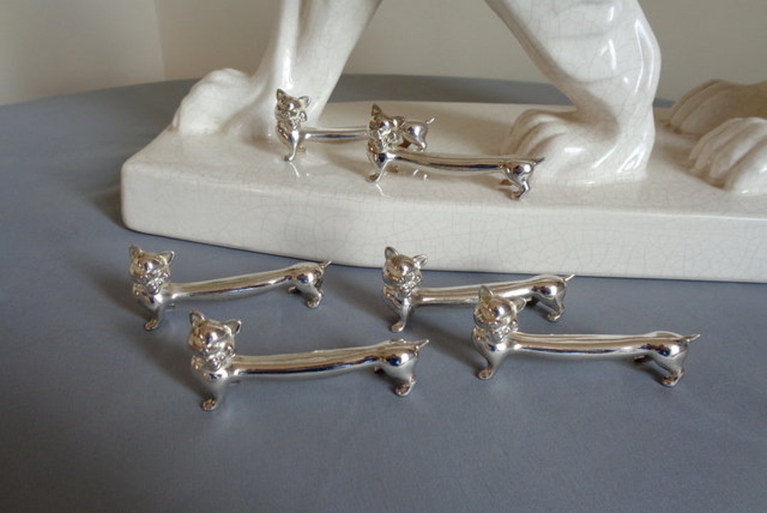 SIX Vintage French Knife Rests. Cute Cat With Bow Tie Silver Plated ...