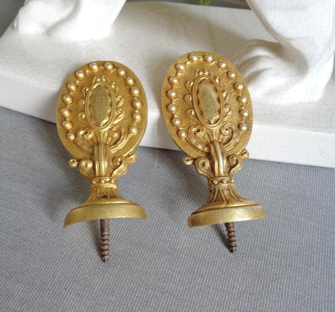 Antique French Curtain Finials. TWO Gilded Metal Curtain Pole End ...