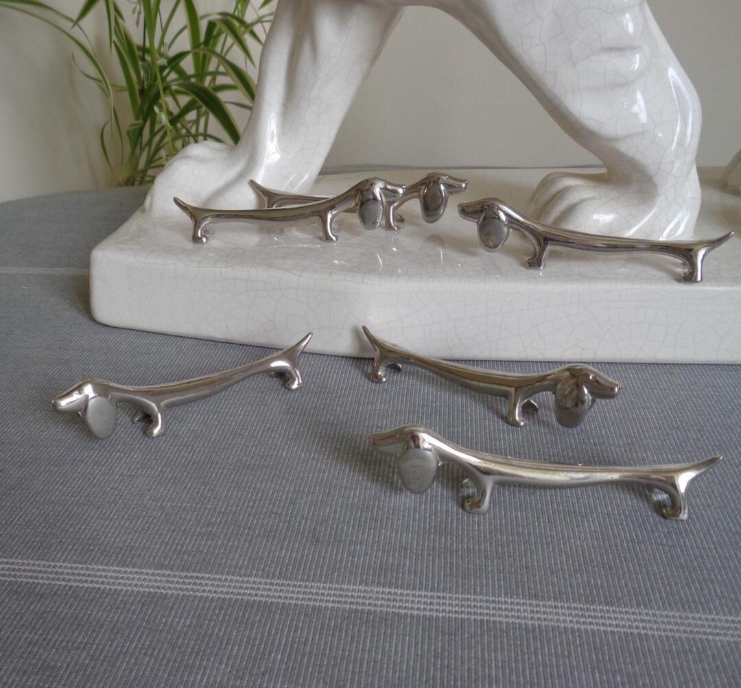 SIX Vintage French Knife Rests. Silver Plated Dachshund Dogs Porte ...