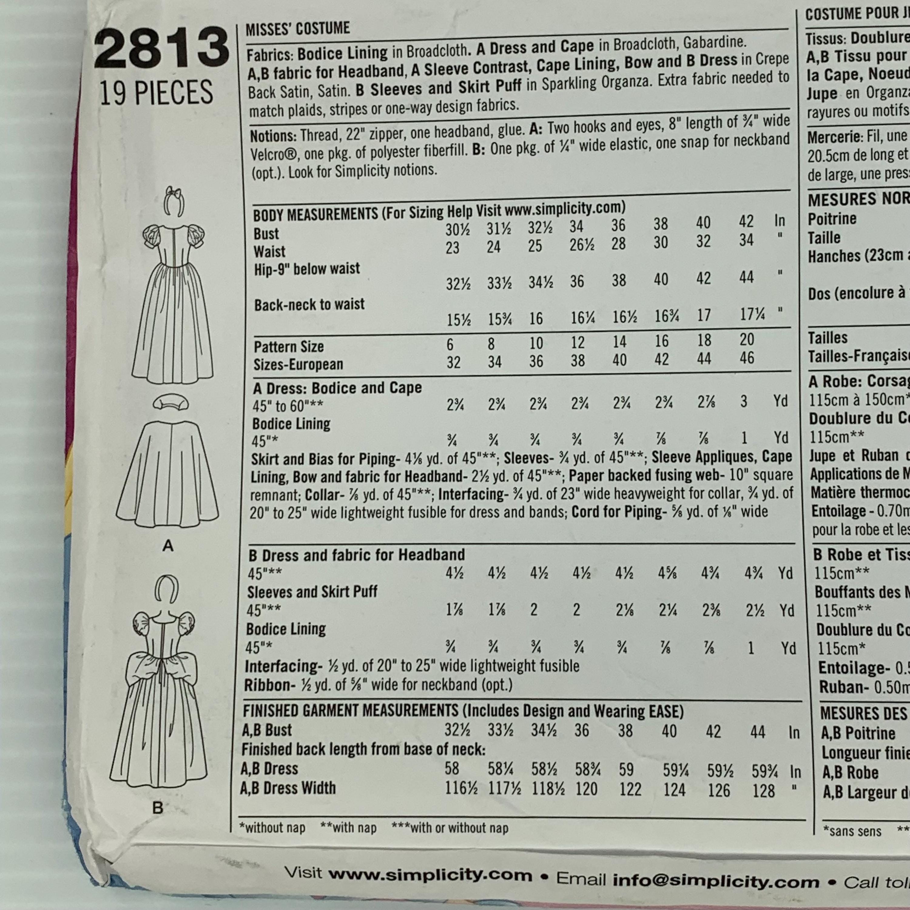 Disney Princess Costume Sewing Pattern Simplicity 2813 Adult Sizes 14 ...