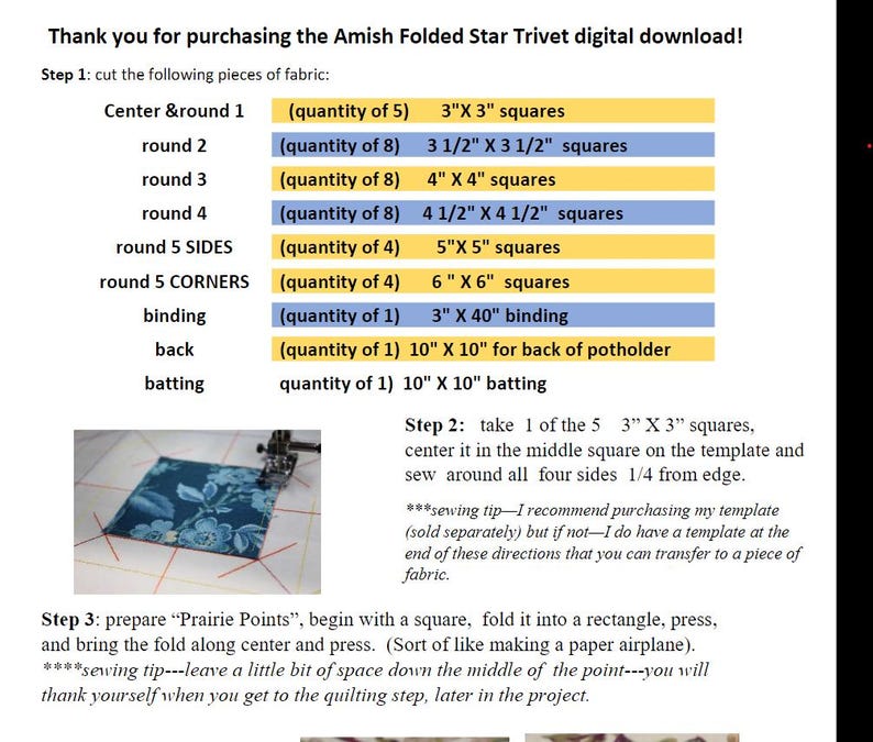 Amish Folded Star Hotpad Sewing Pattern (PDF Digital Download) - Etsy