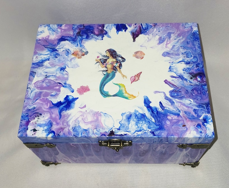 Large Mermaid Box Paint Poured Memory Box Trinket Box Decorative ...