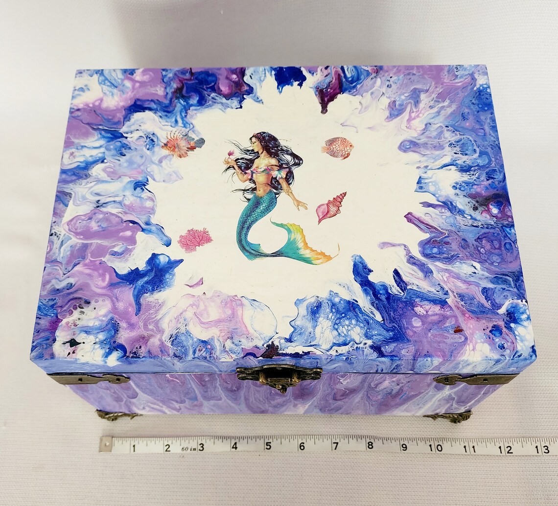 Large Mermaid Box Paint Poured Memory Box Trinket Box - Etsy