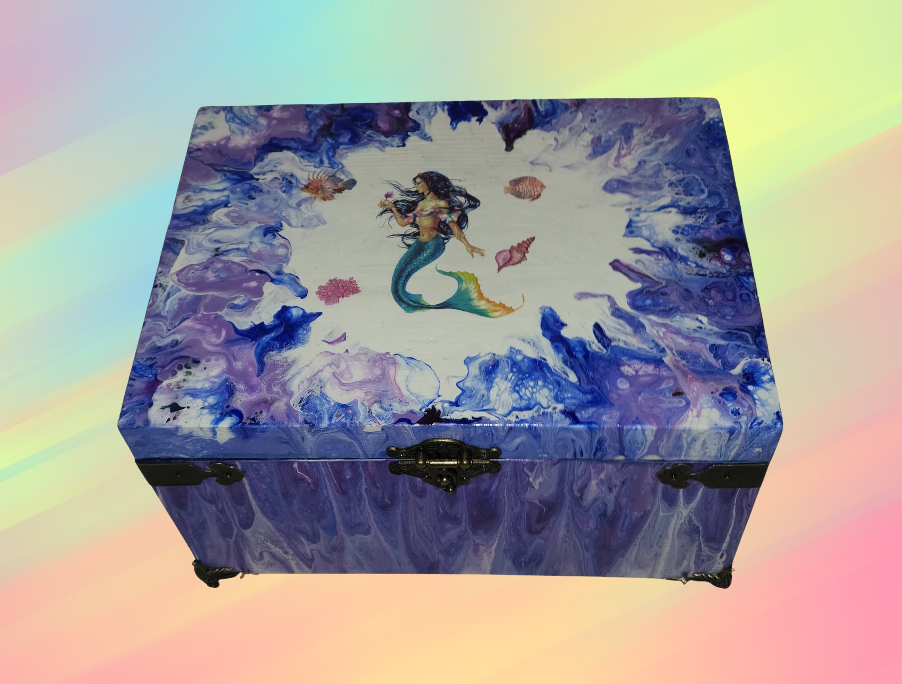 Large Mermaid Box Paint Poured Memory Box Trinket Box - Etsy