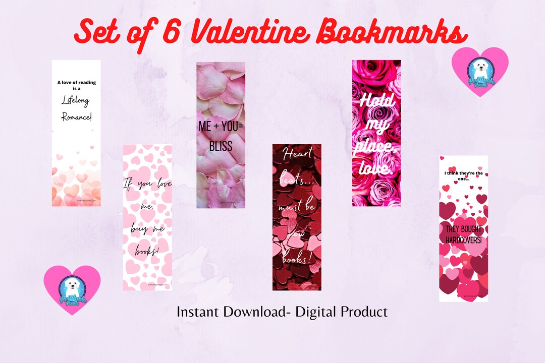 Set of 6 Valentine Bookmarks, Love Bookmarks, Digital Bookmarks to ...