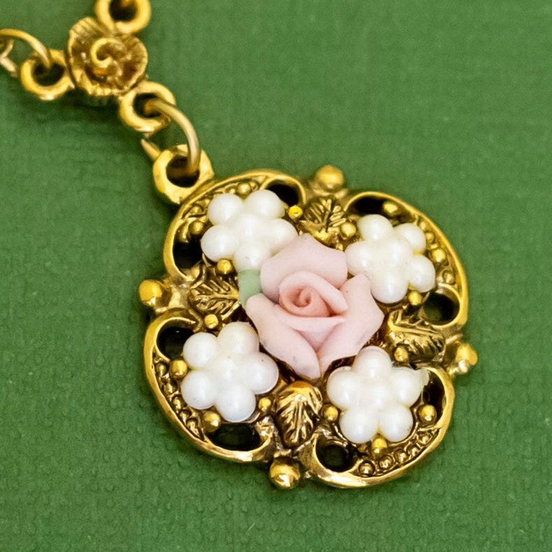 18 Inch, Vintage Pink Rose Flower Gold Tone Necklace, K33 - Etsy
