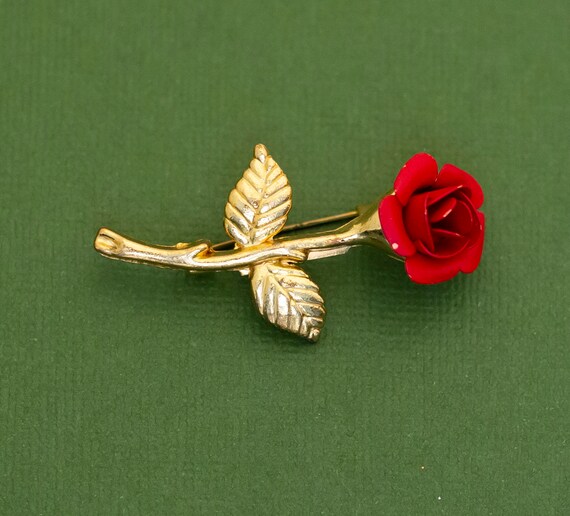 Vintage Stylish Red Rose Gold Tone Romantic Brooch K27 Gem