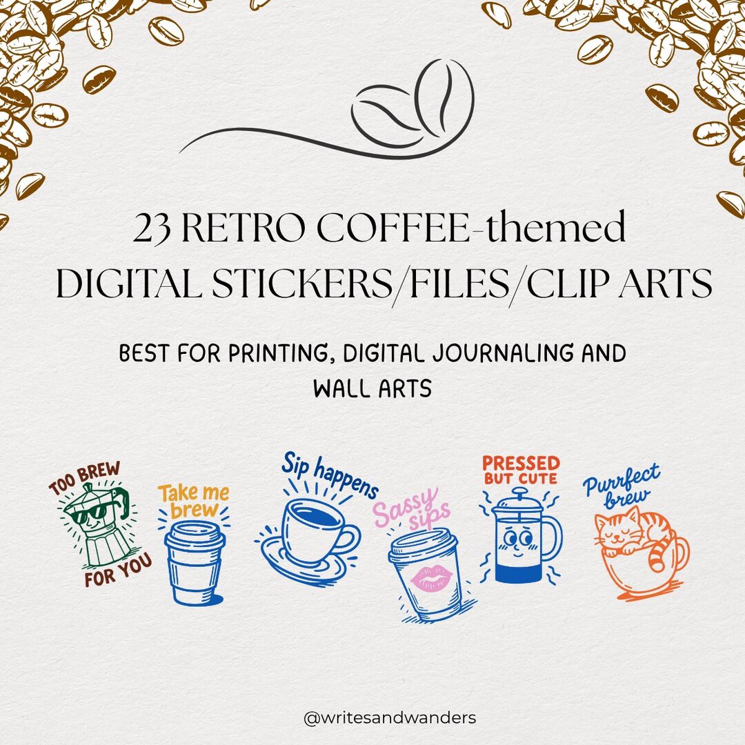 Retro Coffee Clipart & Sticker Bundle: Vintage Cafe PNG Images (digital ...