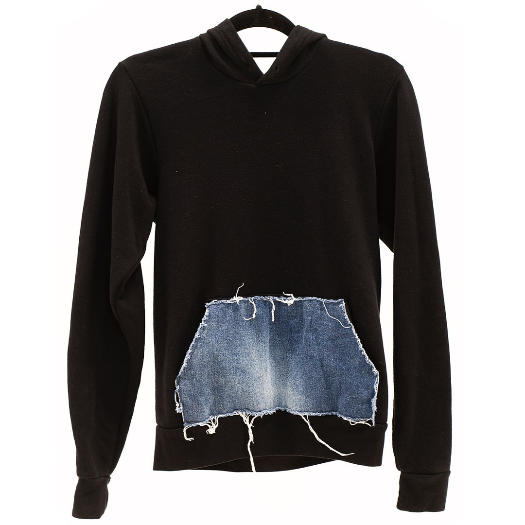 Black With Denim Pocket Distressed Hoodie - Etsy
