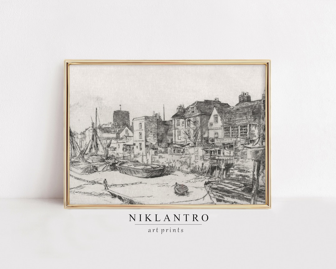 Vintage Harbor Drawing | Rustic Cottage Art Print (digital Download) - Etsy