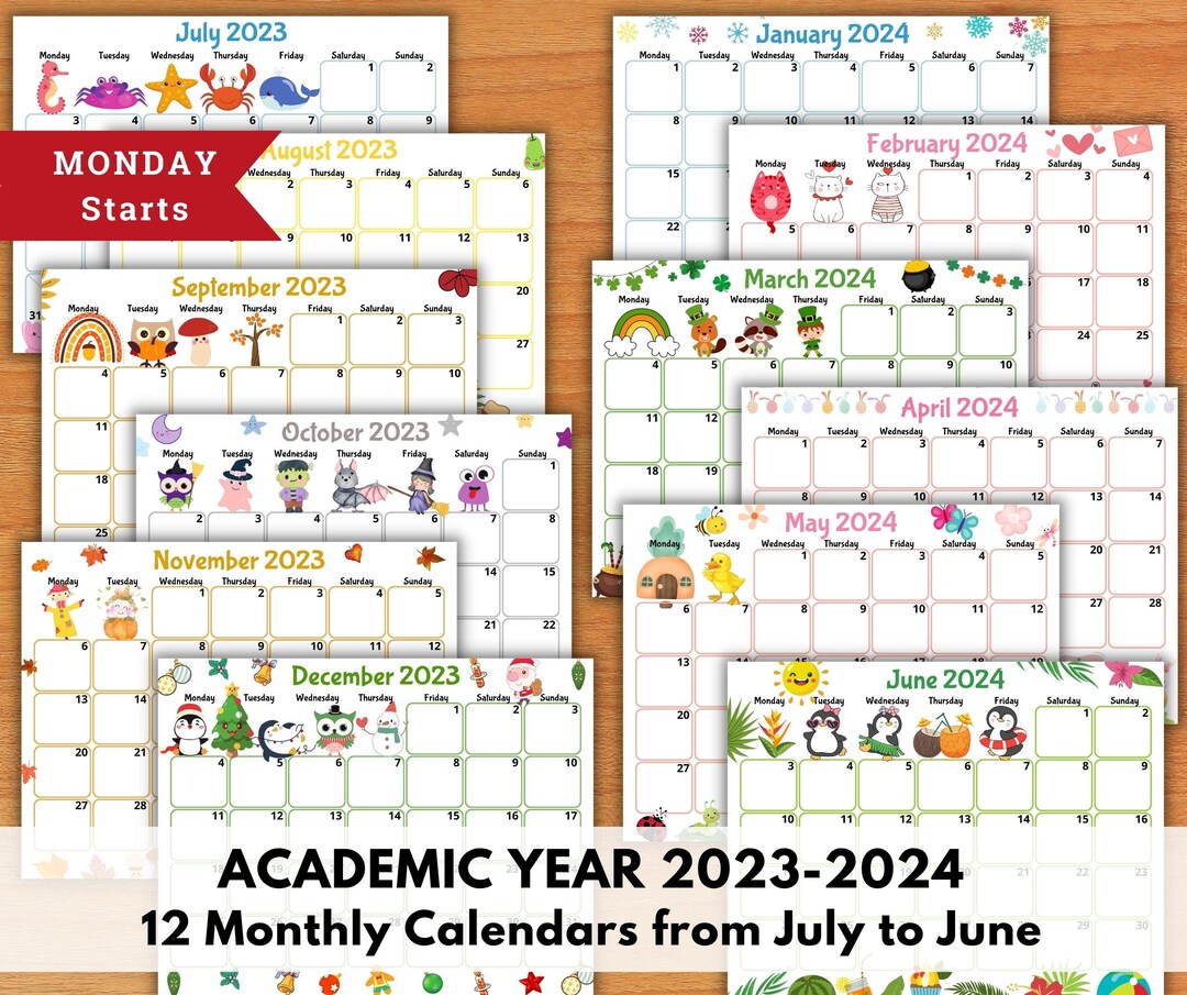 EDITABLE School Calendar 2023-2024 From July to June monday - Etsy Ireland