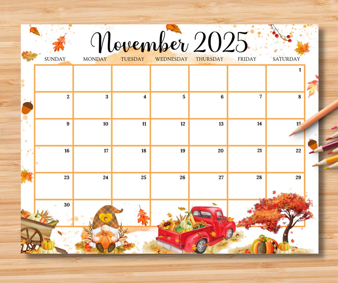 Calendrier de novembre 2025 MODIFIABLE, bel automne avec citrouilles et feuilles jaunes, agenda ...