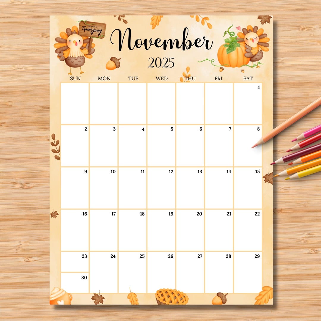 EDITABLE November 2025 Calendar (vertical/portrait), Cute Thanksgiving ...