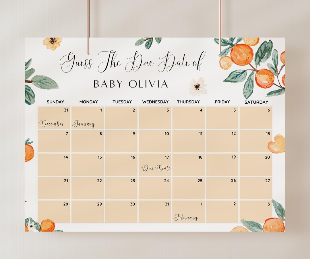 Editable Little Cutie Baby Shower Due Date Calendar, Orange Citrus Baby ...