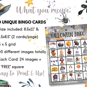 Printable Halloween Bingo, 50 Unique Bingo Cards With Label, Halloween ...