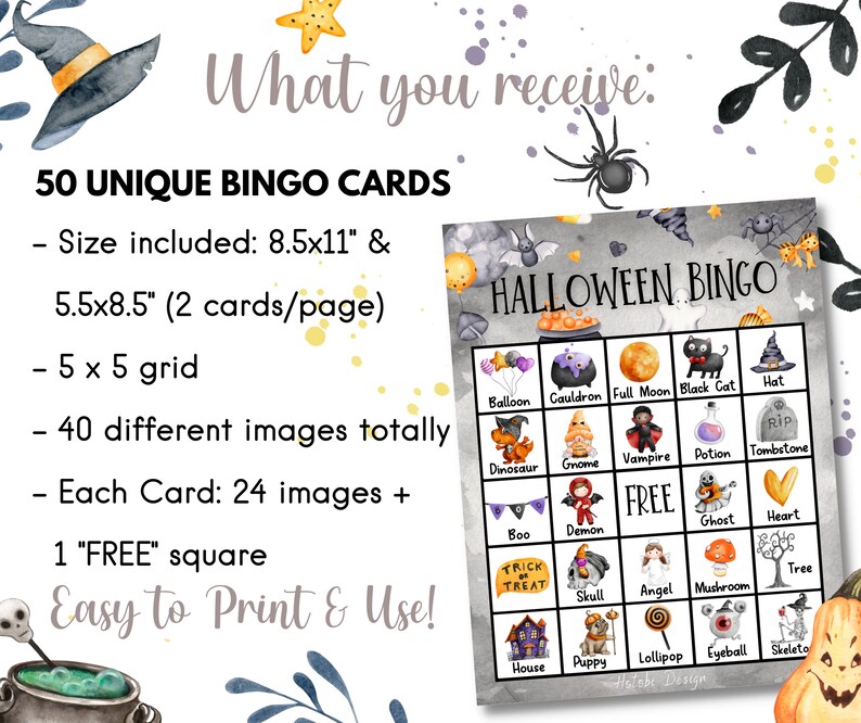 Printable Halloween Bingo, 50 Unique Bingo Cards With Label, Halloween ...