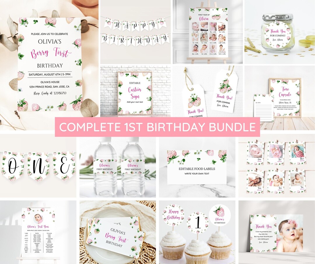 Berry First Birthday Invitation Bundle White Strawberry - Etsy
