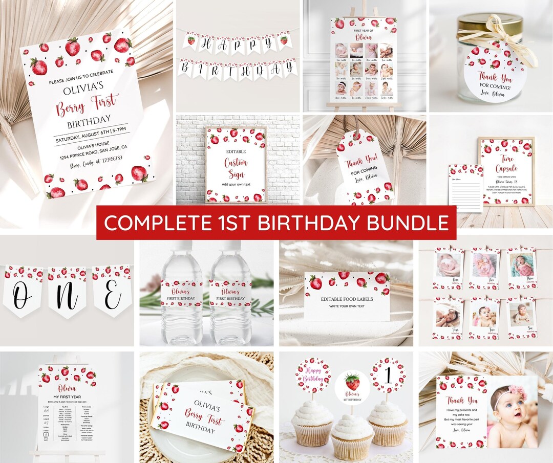 Berry First Birthday Invitation Bundle Printable Strawberry - Etsy