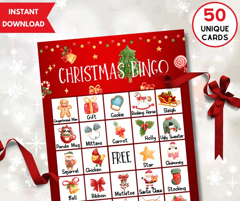 Printable Christmas Bingo Game, 50 Unique Bingo Cards W/labels ...
