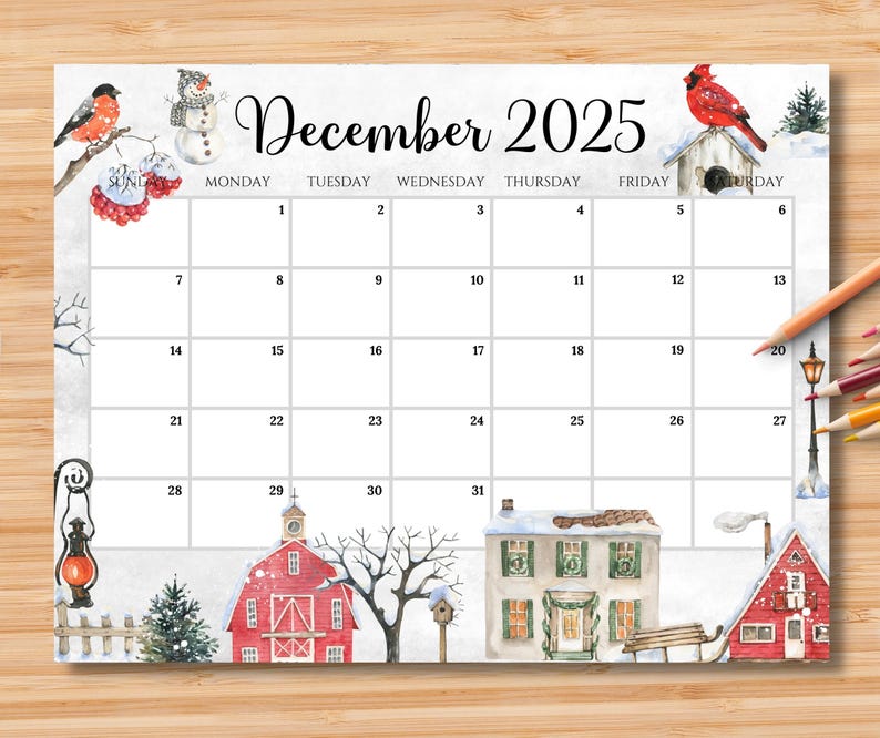 EDITABLE December 2025 Calendar, Beautiful Christmas With Red Bird and ...