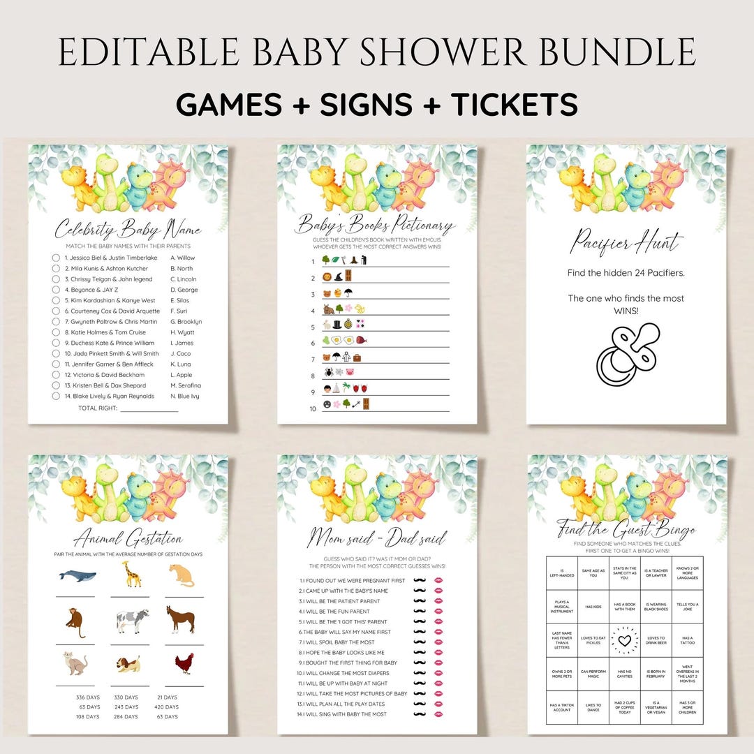Dinosaur Baby Shower Game Bundle, Dinosaur Baby Shower Game Package ...
