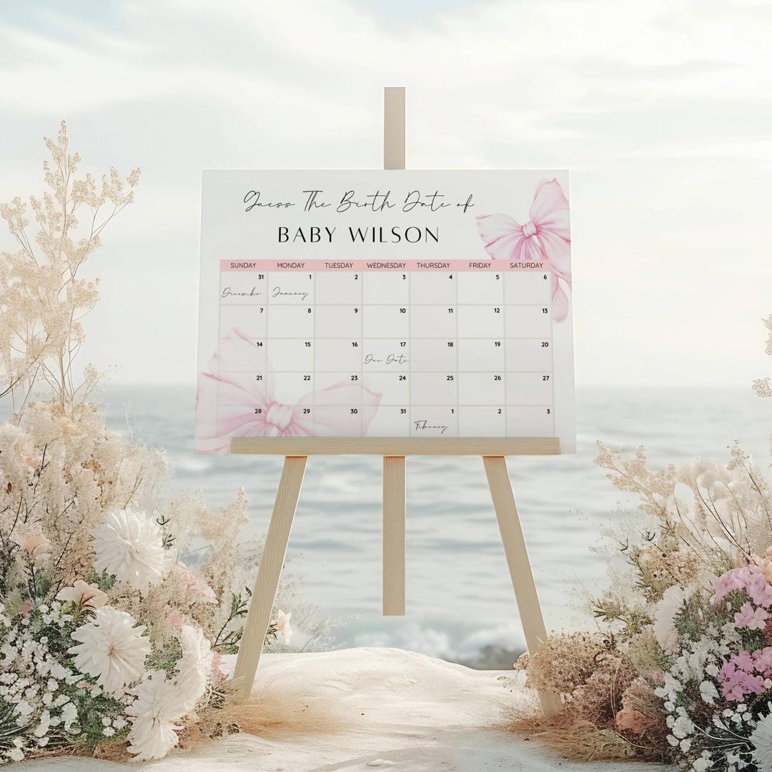 Pink Bow Baby Shower Due Date Calendar, Pink Coquette Bow Prediction ...