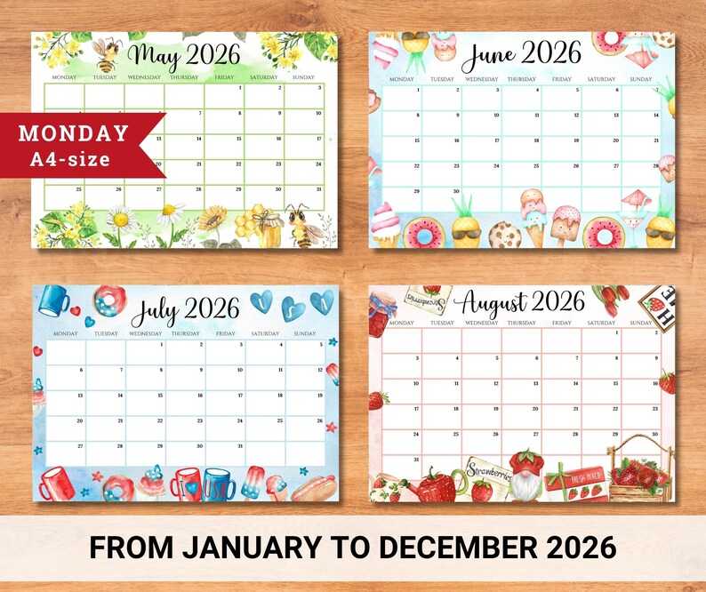 Editable 2026 Calendar A4, Monday Start Monthly Planner PDF, Printable ...
