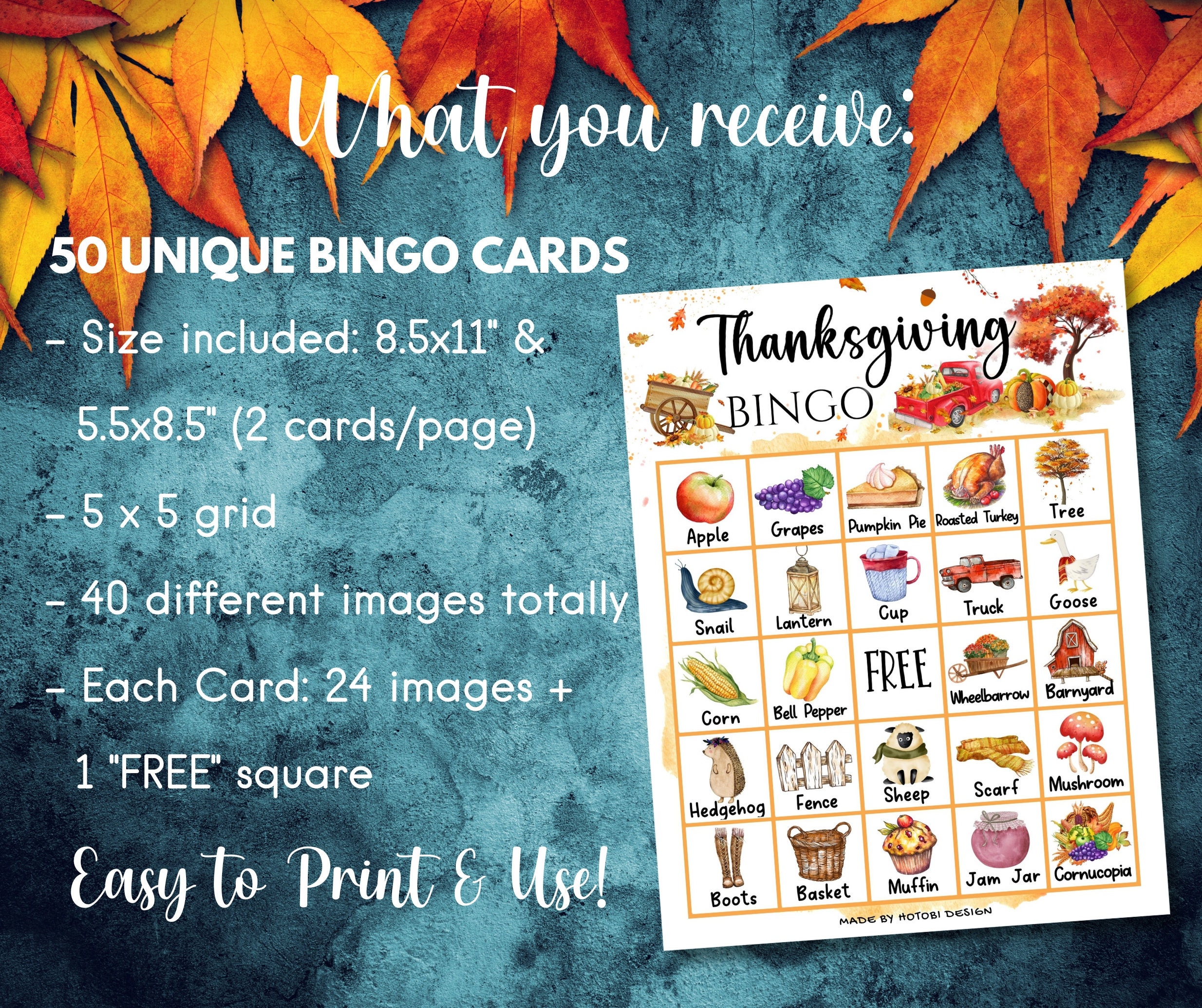 Printable Thanksgiving Bingo Game, 50 Unique Bingo Cards W/labels, Fall ...