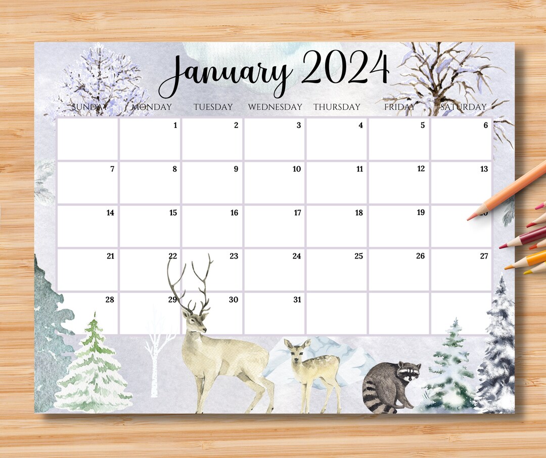 EDITABLE January 2024 Calendar, Beautiful Winter in Forest, Printable ...