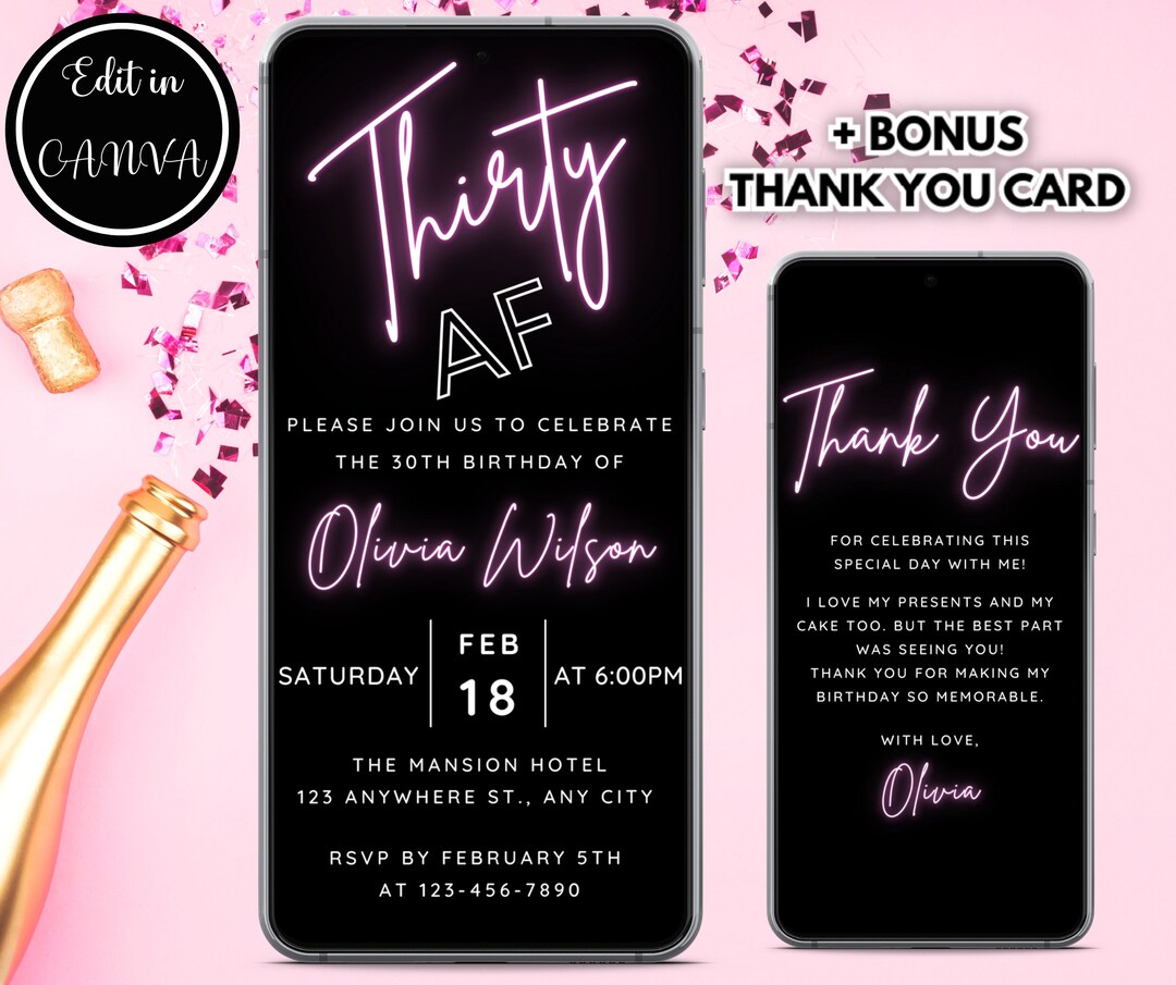 30th Birthday Invitation, Neon Pink Glow Party, Thirty Birthday ...