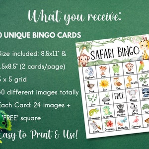 50 Safari Bingo Game Cards, Jungle Baby Shower, Safari Wild Birthday ...
