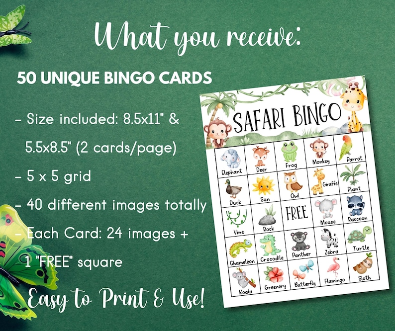 50 Safari Bingo Game Cards, Jungle Baby Shower, Safari Wild Birthday ...