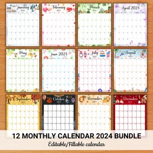 EDITABLE Vertical/portrait Monthly Calendar 2024 Bundle, Cute Printable ...