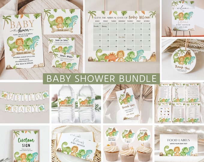 Dinosaur Baby Shower Bundle, Dinosaur Baby Shower Invite, Editable ...