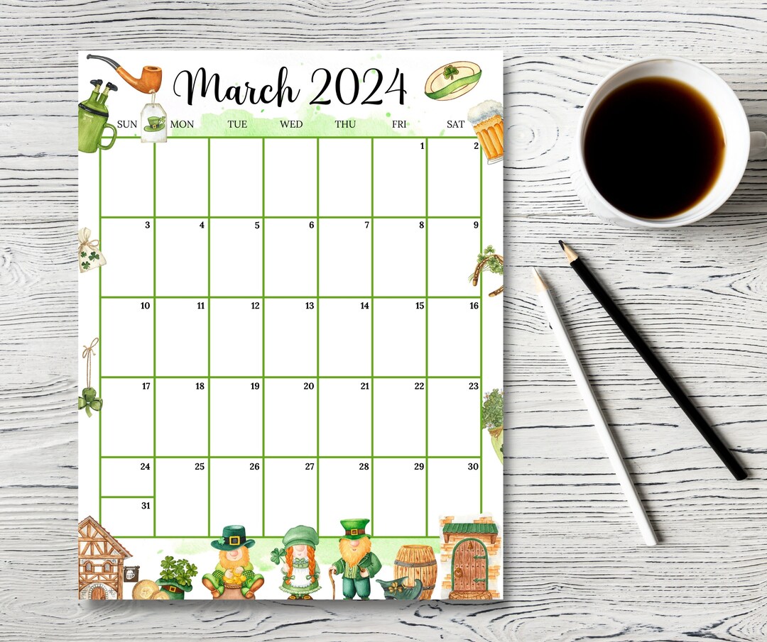 EDITABLE March 2024 Calendar vertical / Portrait, St. Patrick's Day ...