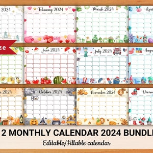 EDITABLE Monthly Calendar 2024 Bundle a4-size, Cute Printable Fillable ...