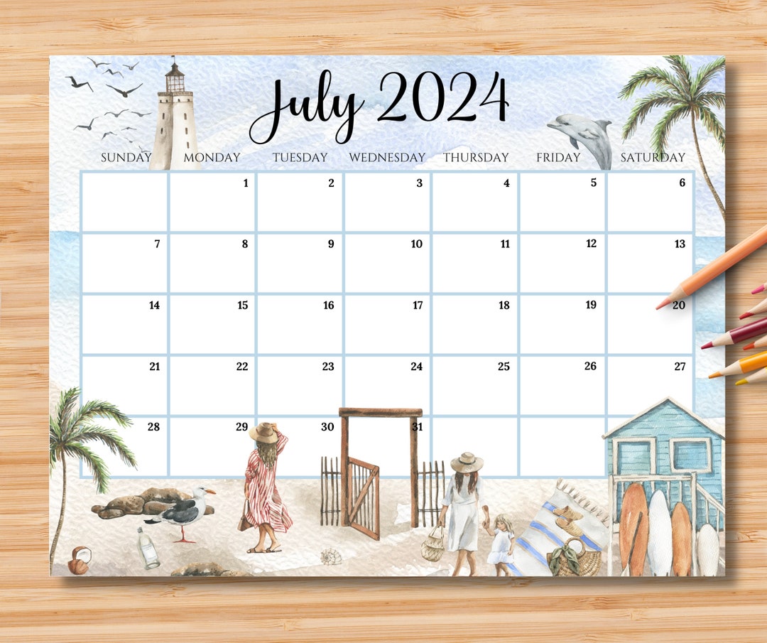 Editable July 2024 Calendar, Relaxing Summer at the Beach, Printable ...