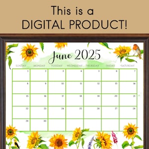 Calendario EDITABLE junio 2025, Precioso verano con hermosos girasoles ...