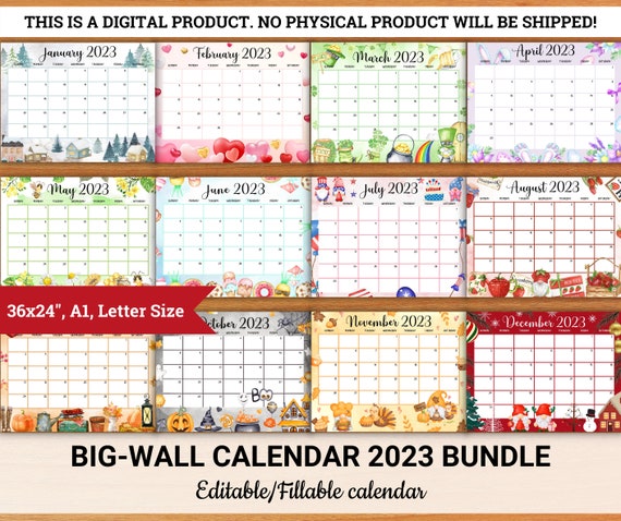 EDITABLE Big-wall Calendar 2023 Cute Printable Fillable - Etsy India