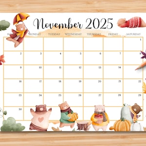 EDITABLE November 2025 Calendar, Beautiful Autumn Planner W/cute Bears ...