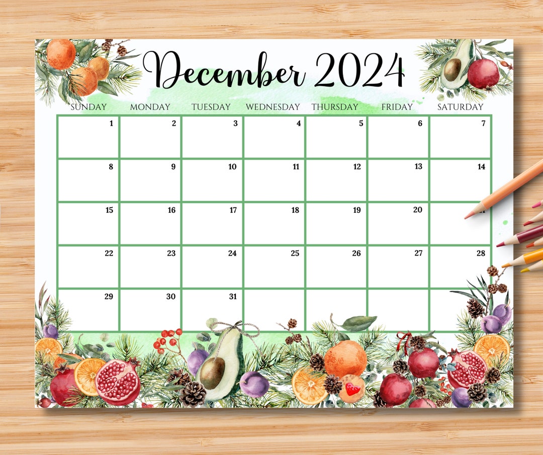 EDITABLE December 2024 Calendar, Colorful Christmas W/fruits, Printable ...